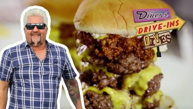 Guy Fieri Eats CORNDOG Shrimp and a Triple Chili Burger | Diners, Drive ...